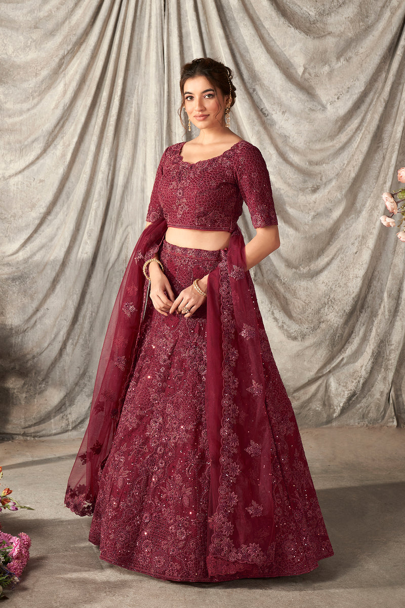 Meroon Net Bridal Lehenga – Rang Roop Online