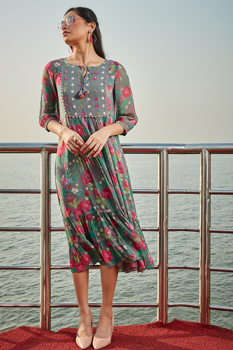 Grey Printed Muslin Maxi Dress – Rang Roop Online