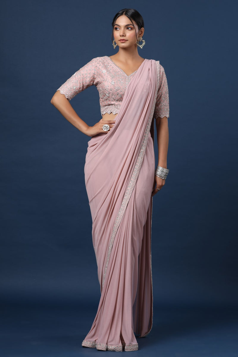 Onion Pink Lycra Pre-draped Saree with Embellished Silk Blouse – Rang ...