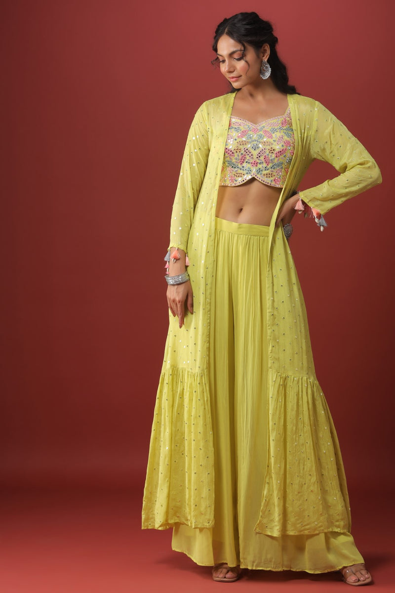Variyali Green Mirror Resham Embroidered Crepe Crop Top Palazzo Set wi ...