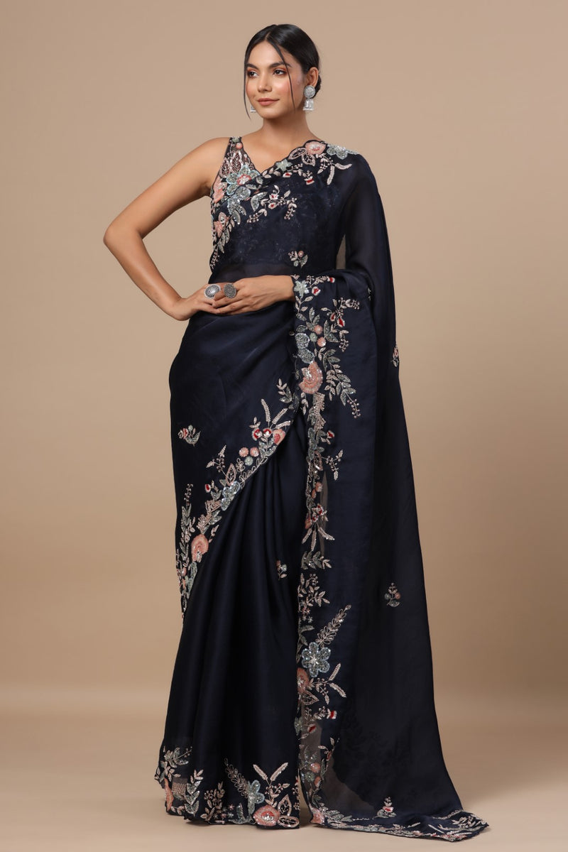 Navy Blue Zardozi Embroidered Organza Saree with Ready Made Blouse ...