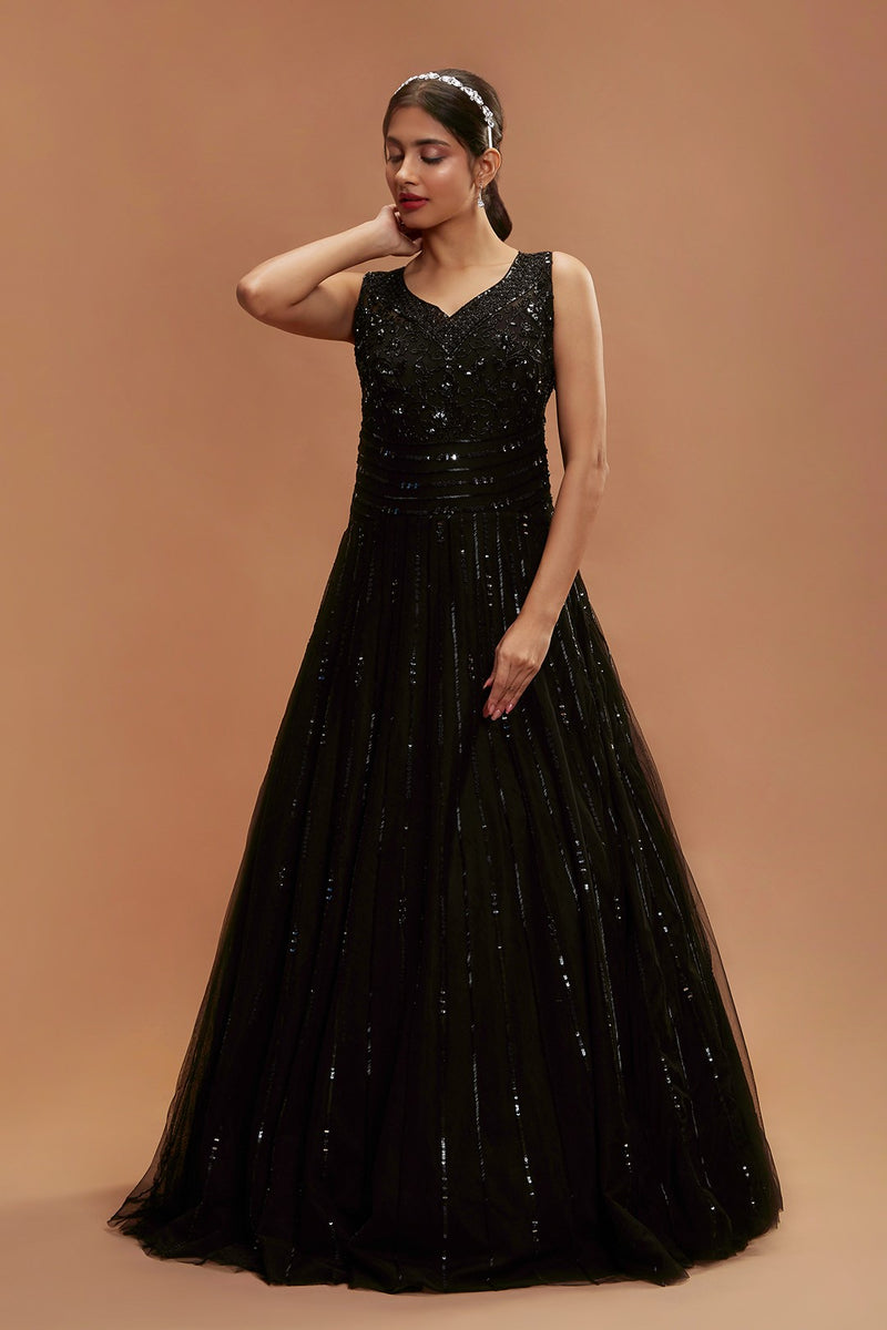 Black Cutdana Embellished Net Gown – Rang Roop Online