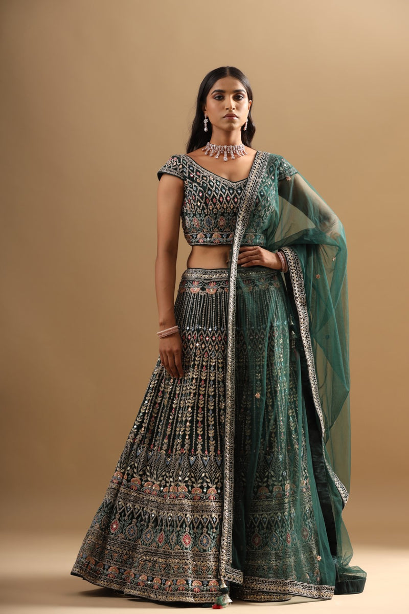 Bottle Green Dunka Embroidered Bridal Lehenga – Rang Roop Online