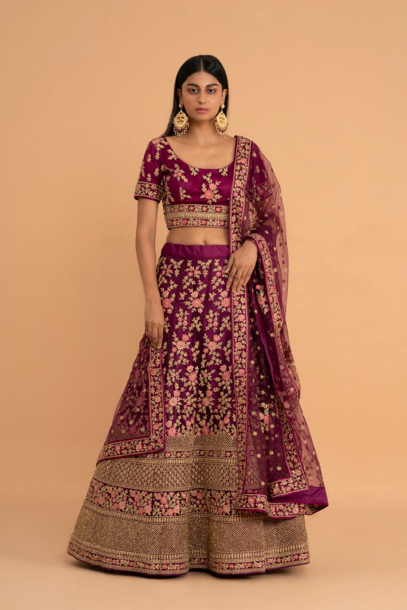 Magenta Pink Resham Gota Zari Embroidered Net Bridal Lehenga – Rang ...