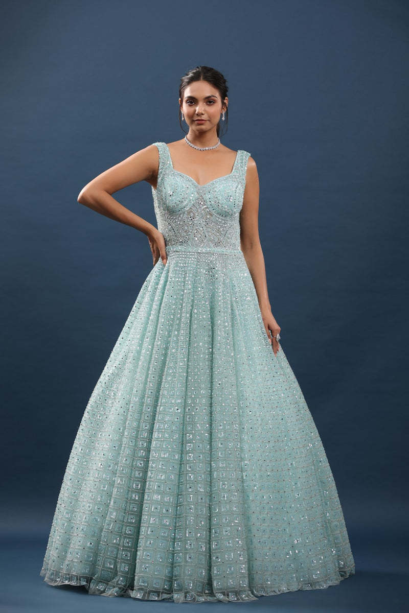 Sea Green Mirror Embellished Bridal Gown – Rang Roop Online